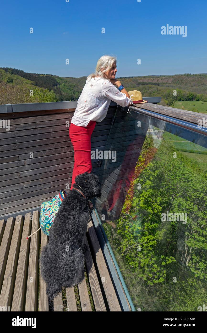 Europe, Luxembourg, Insenborn, Attractive older Woman and her Dog ...