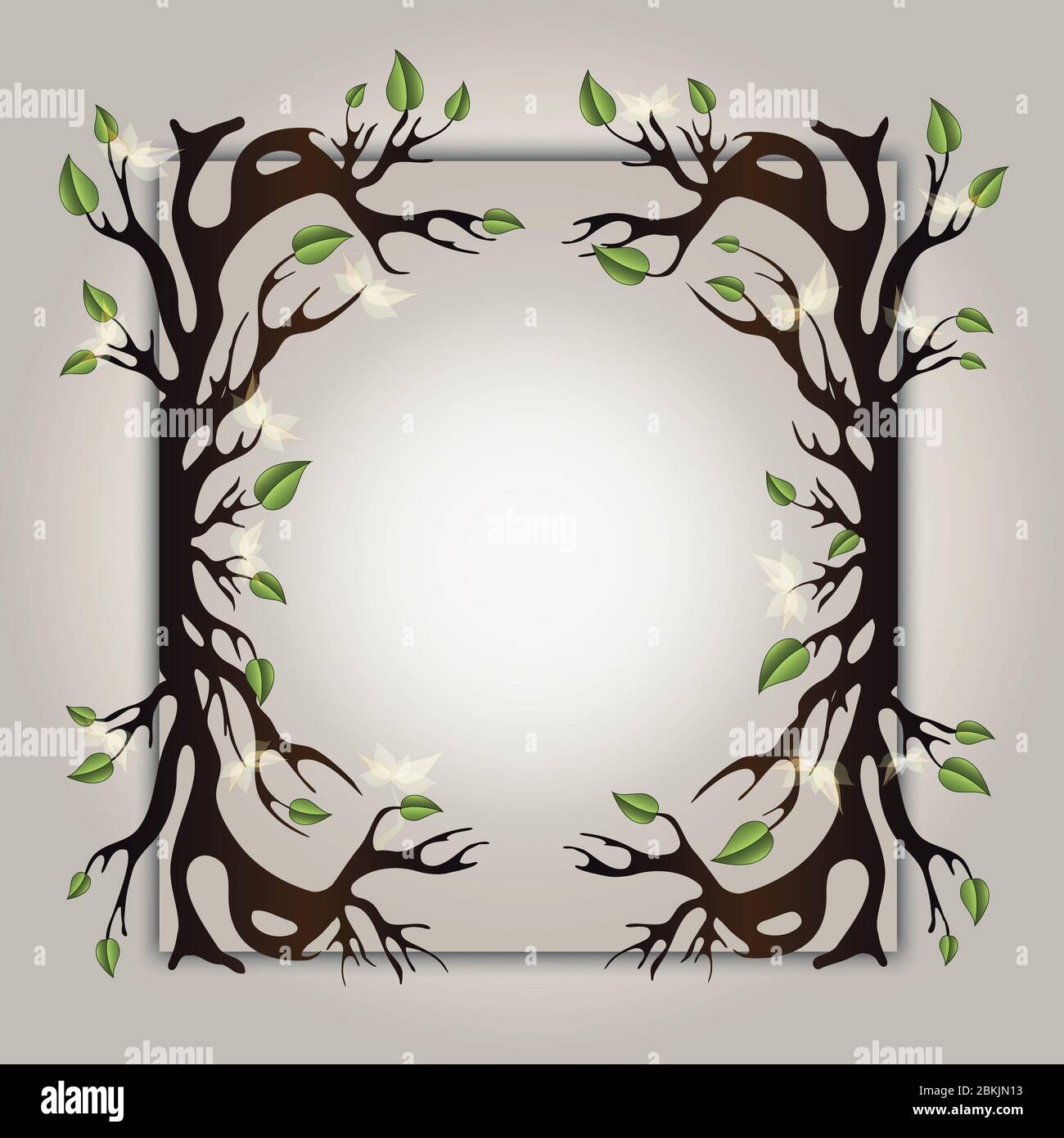 Tree with roots and leaves with light flowers as frame on paper blank ...