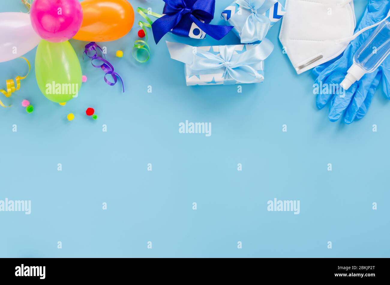 Concept quarantine birthday. Festive blue background with gift boxes ...