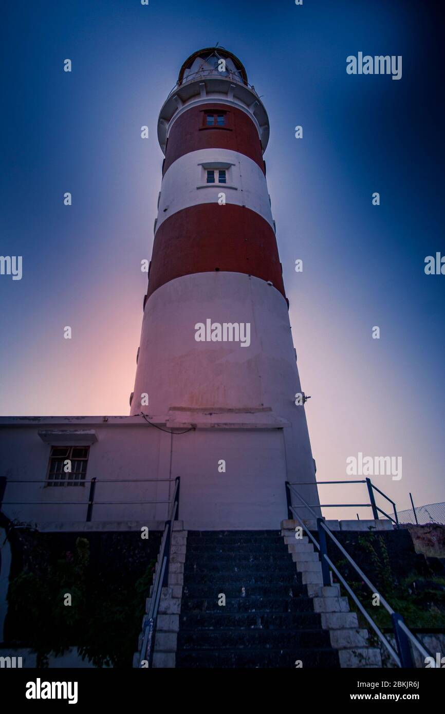 Low angle shot of a lighthouse on sky background on the island of ...