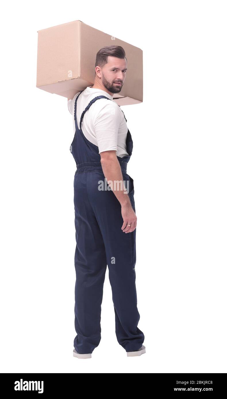 rear view. a young man with a cardboard box looking at the camera Stock ...