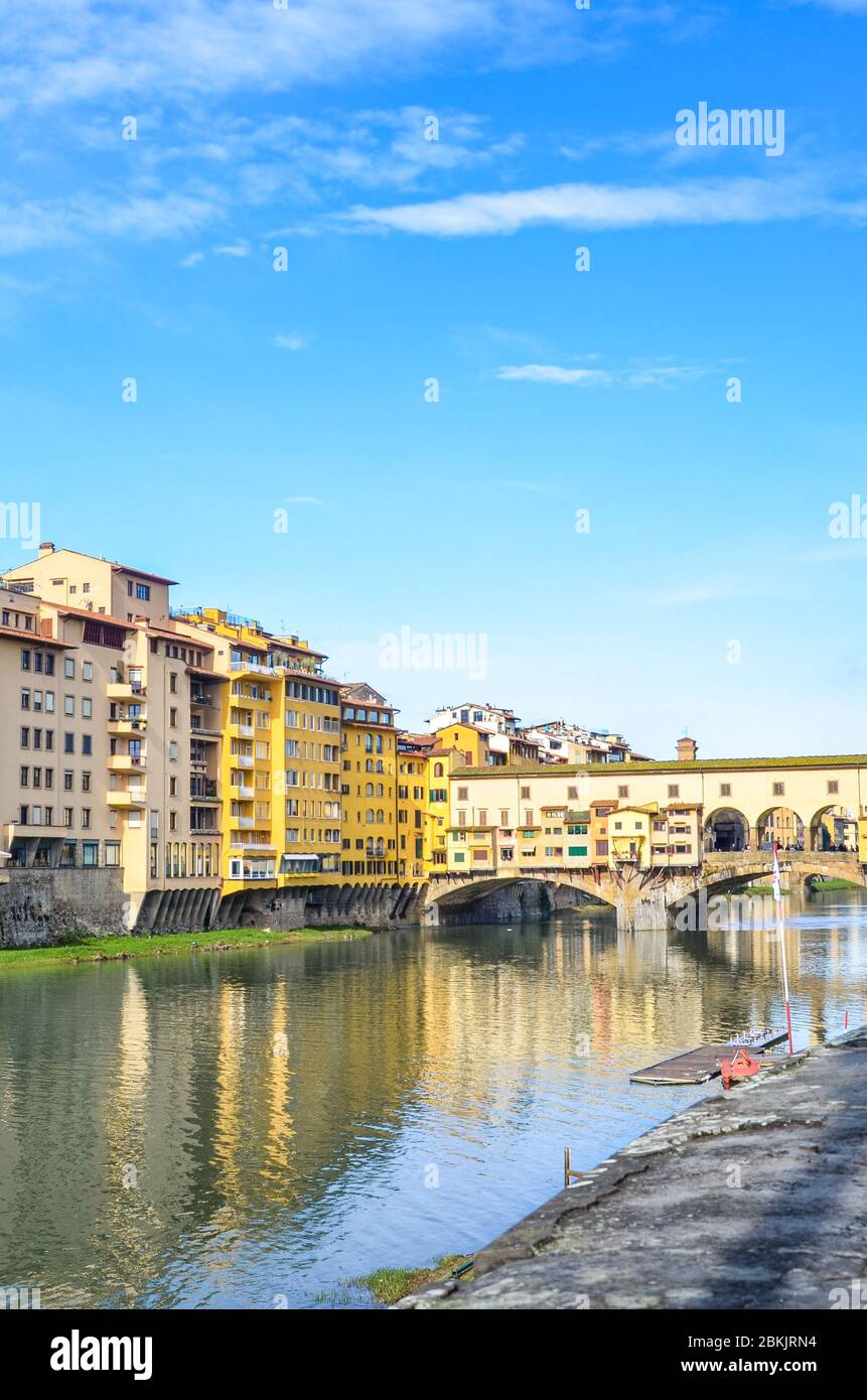 Famous Ponte Vecchio Bridge, medieval stone bridge over the Arno River ...