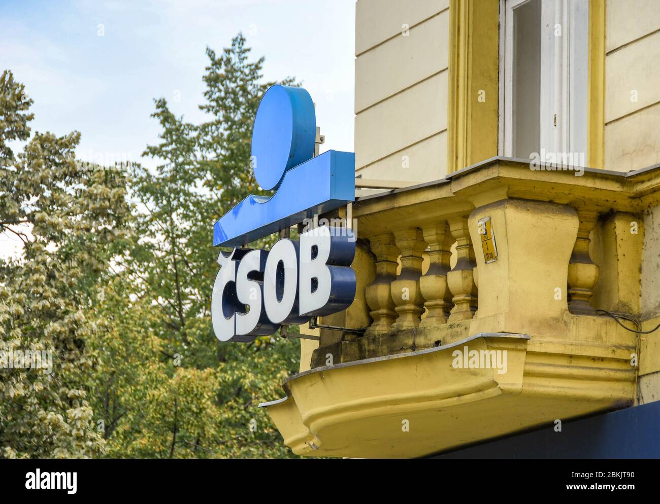 PRAGUE, CZECH REPUBLIC - JULY 2018: Logo above the entrance of a branch ...