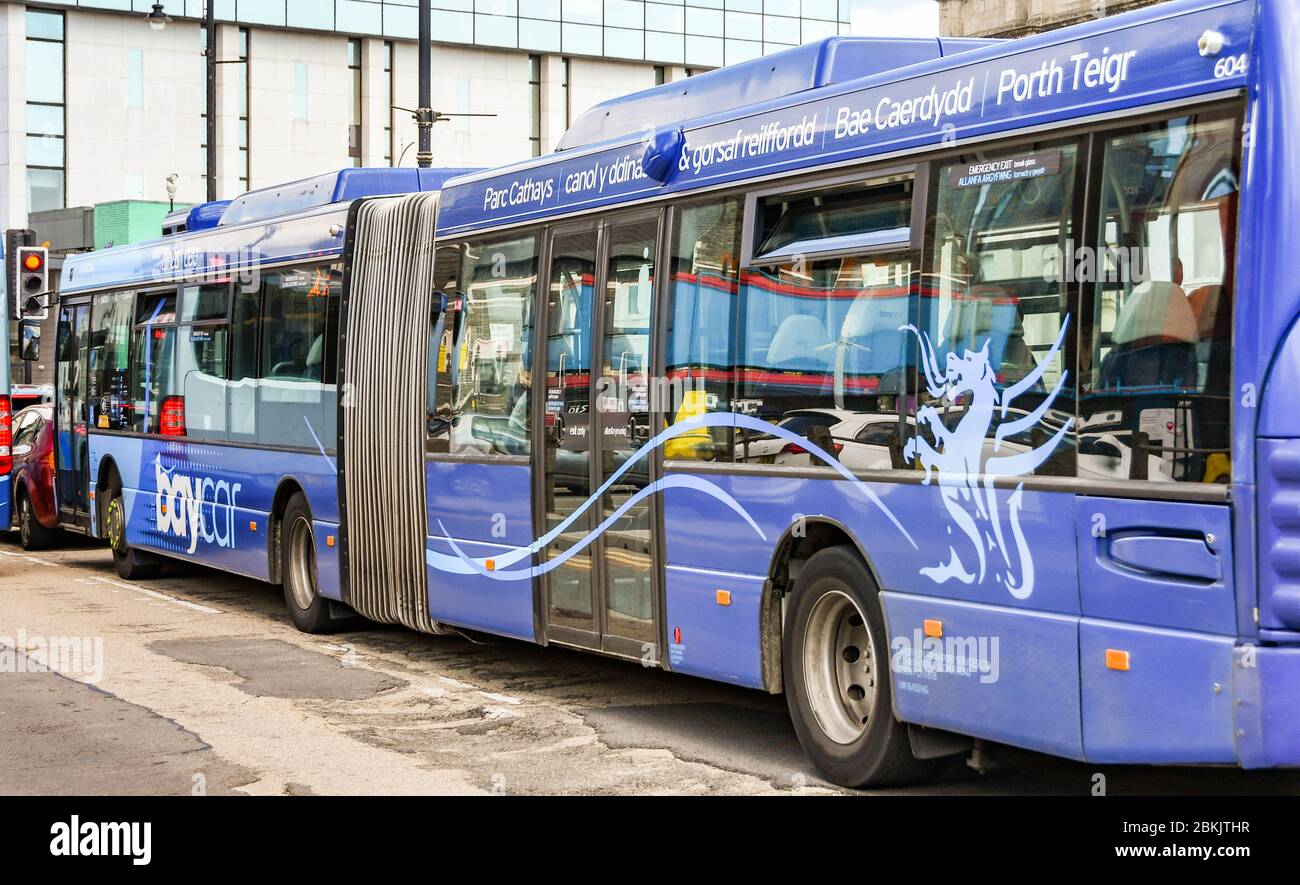 CARDIFF, WALES - JUNE 2019: A "Baycar" long articulated bus, which ...