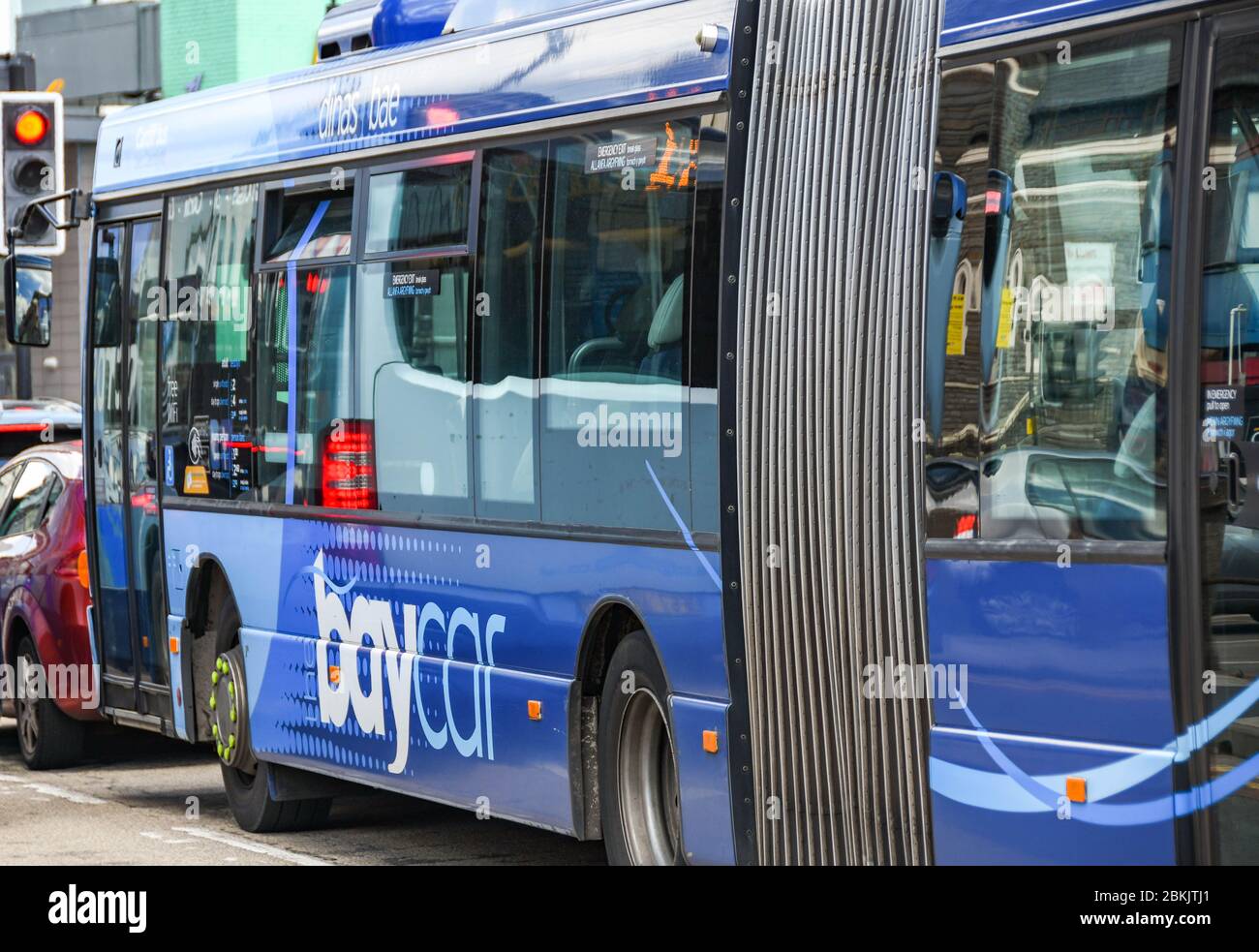 CARDIFF, WALES - JUNE 2019: A "Baycar" long articulated bus, which ...