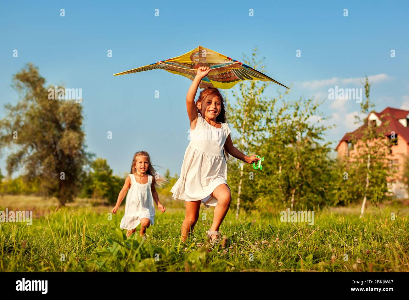 Happy little girls with kite running on meadow in spring park. Children ...