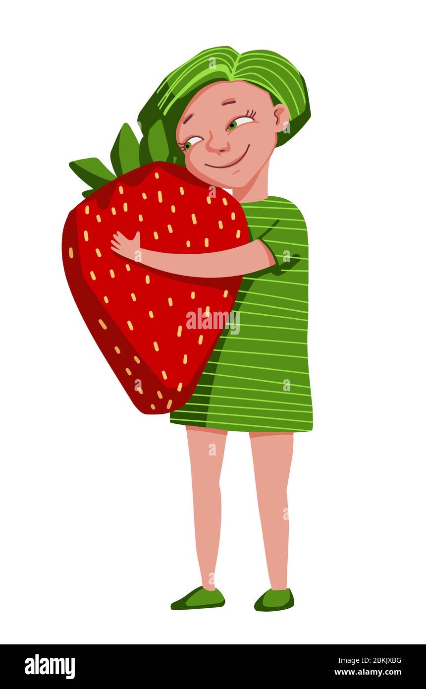 The girl hugs a large strawberry. Children love sweet berries ...