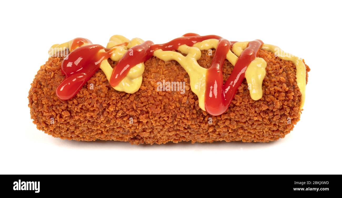 Brown crusty dutch kroket with mustard and ketchup topping isolated on ...