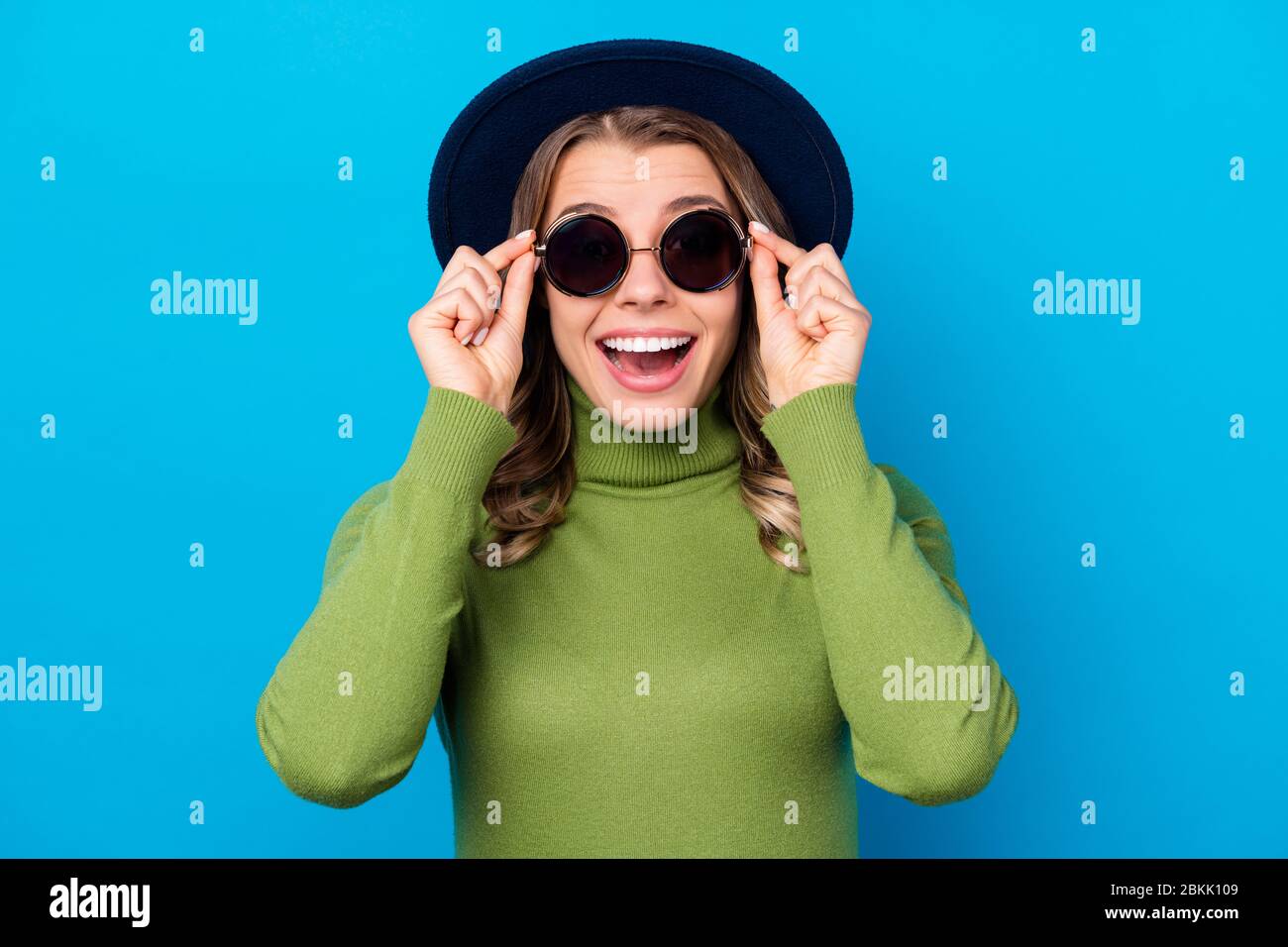 Cool lens view. Photo of cheerful funny wavy lady beaming smiling ...