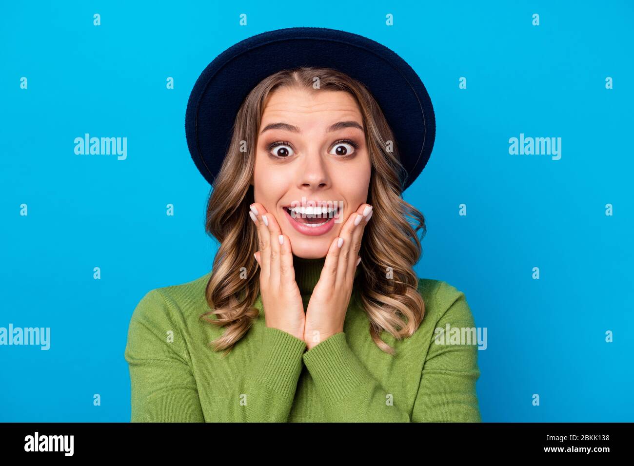 Closeup photo of cheerful funny wavy lady open mouth listen ...