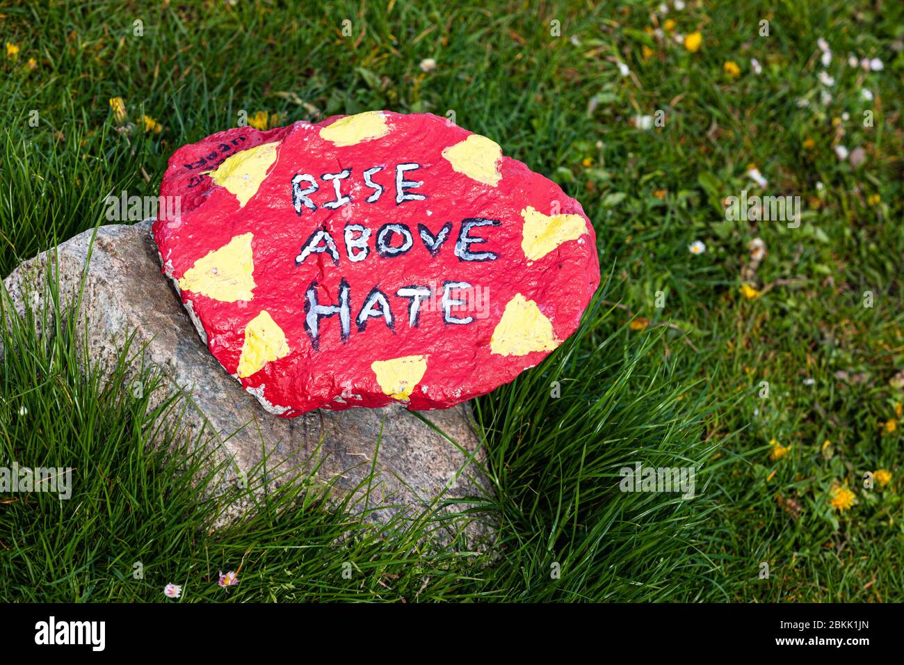 Rise Above Hate message painted on a rock and placed in a park setting ...