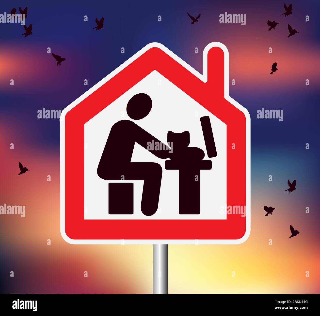 Road sign on sky with birds remote work from home computer Stock Vector ...