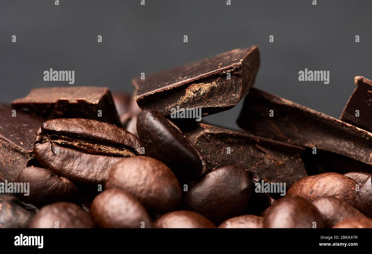 pieces of dark chocolate and roasted brown grains of Robusta coffee ...