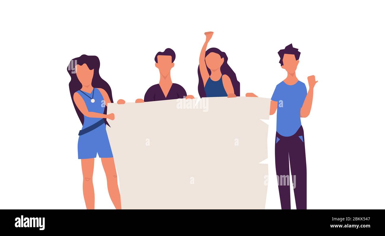Standing people holding banner vector flat illustration. Character ...