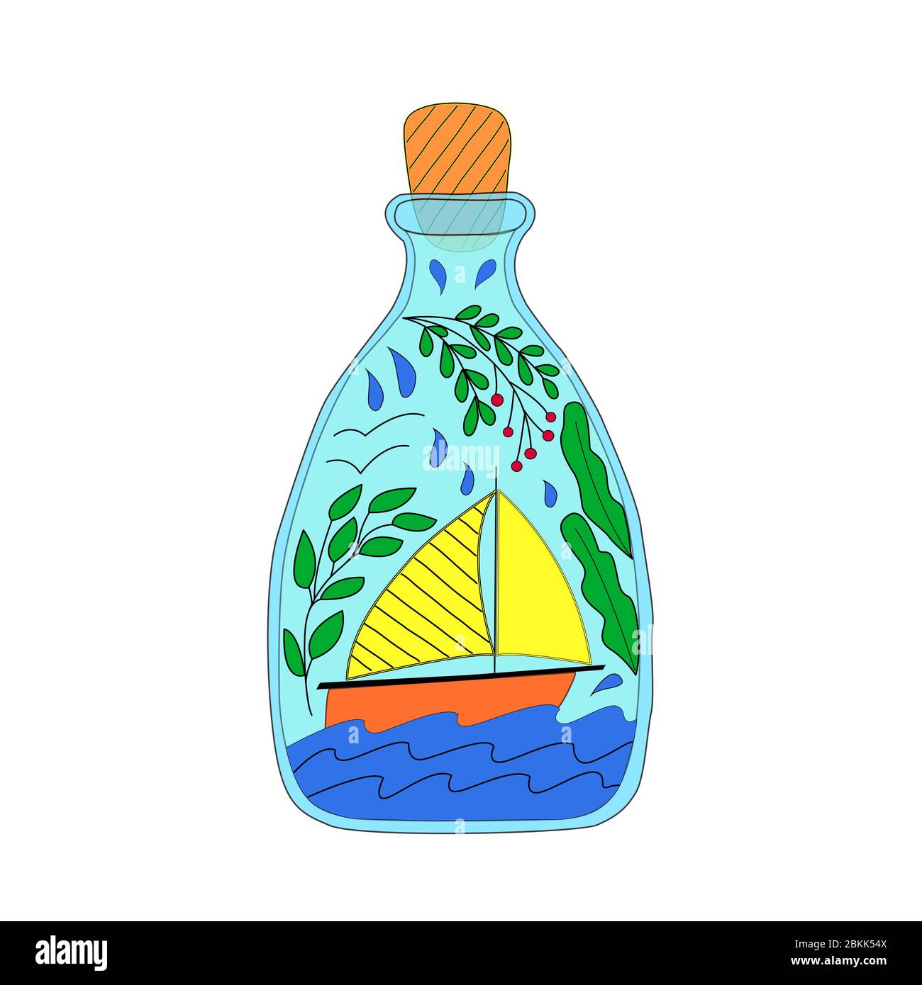 Image of a bootle with a sailboat and leaves inside on a vector ...