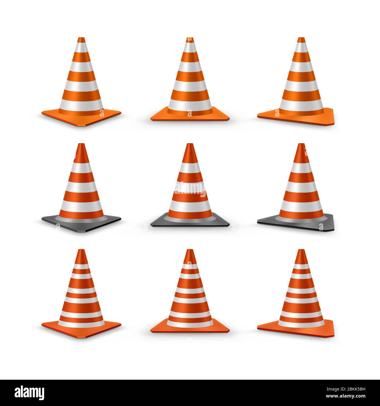 Traffic cones set. Red realistic road plastic cones with white striped ...