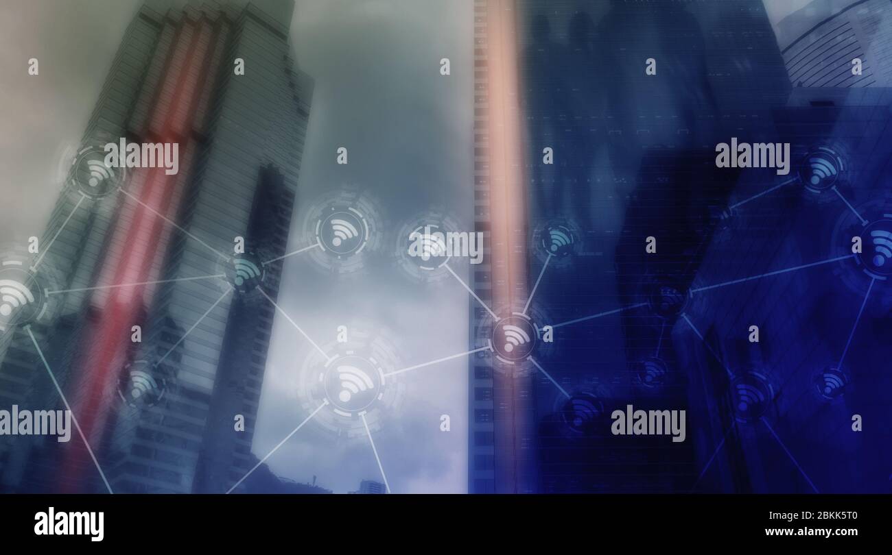 Wi-fi icon on the modern city of the future. Wireless network ...