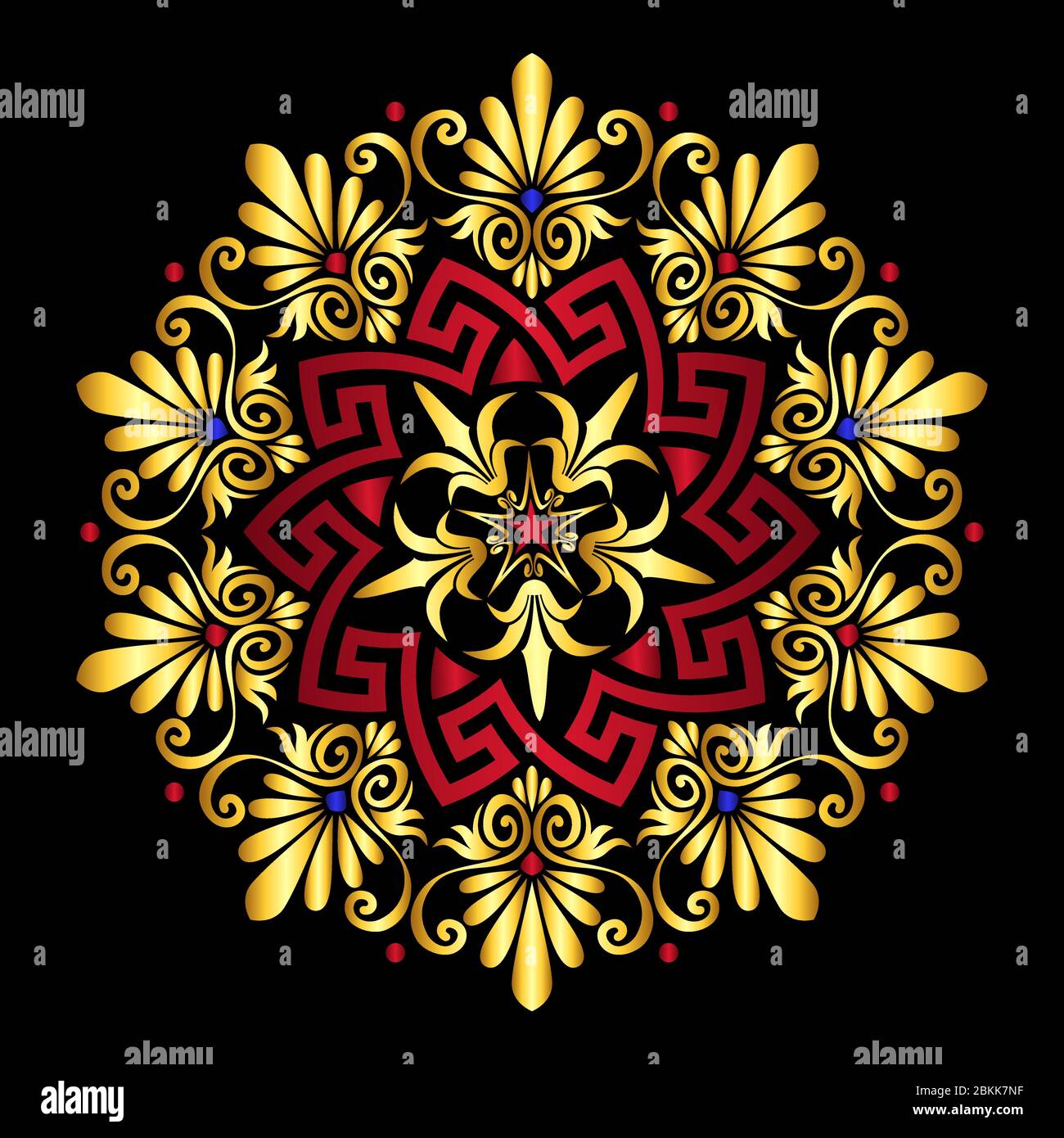 Traditional vintage gold and red circle Greek ornament and floral ...