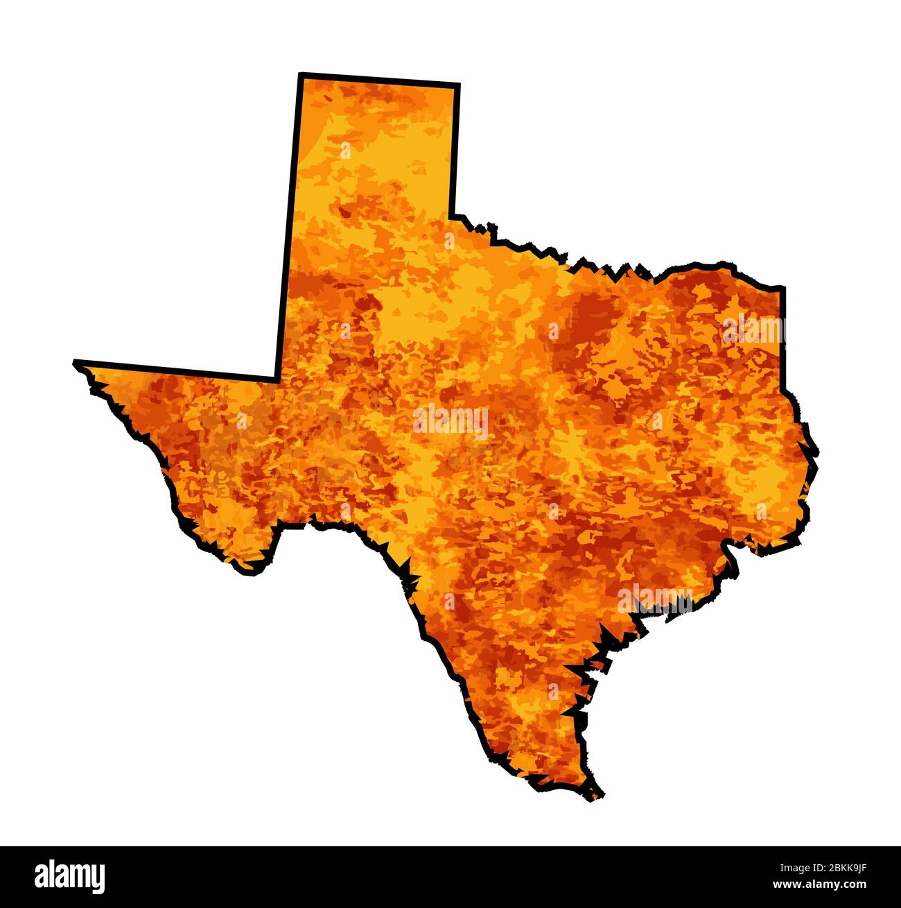 Silhouette map of Texas over a white background with flames inset into ...