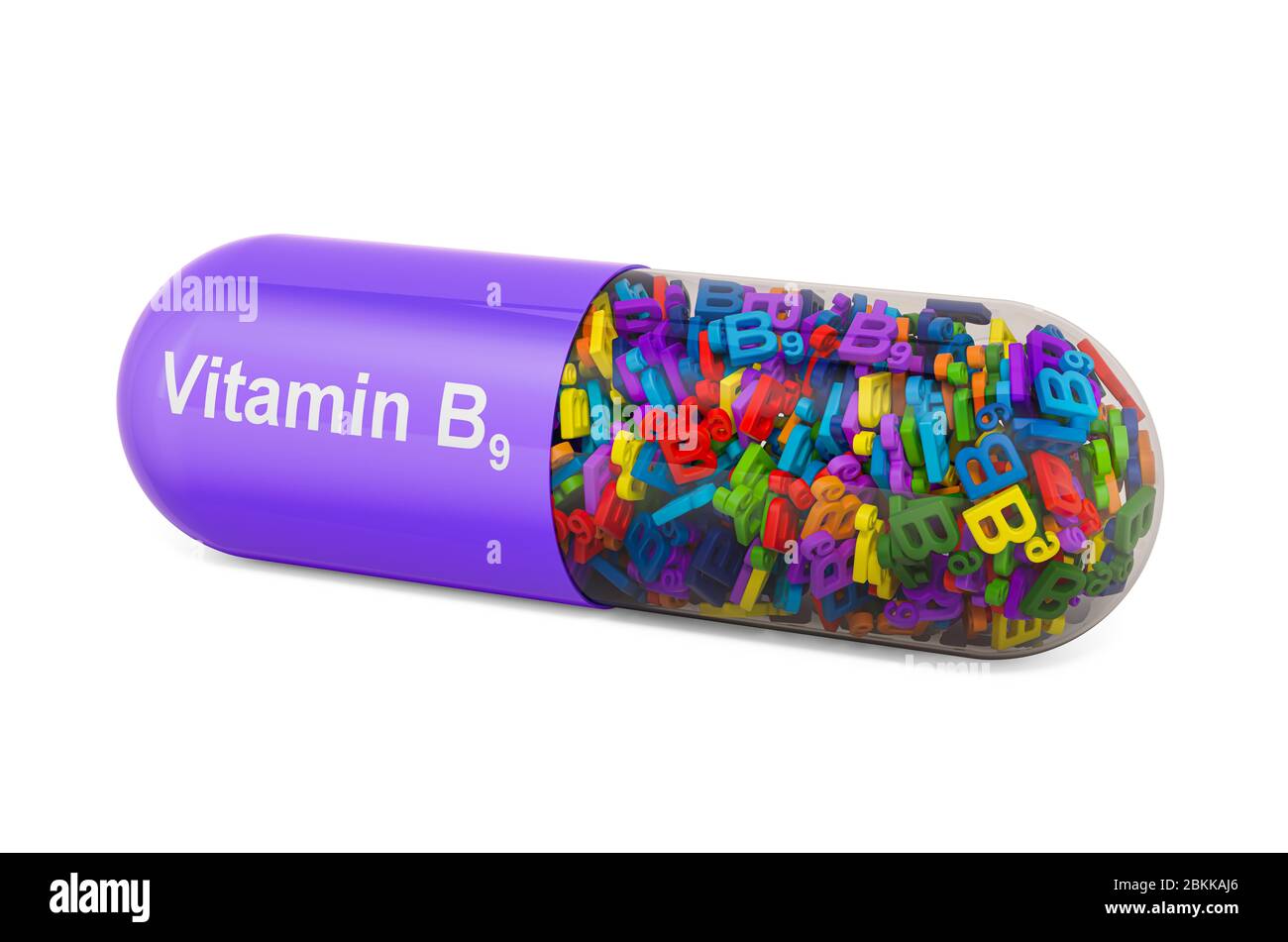 Vitamin capsule B9, folic acid. 3D rendering isolated on white ...