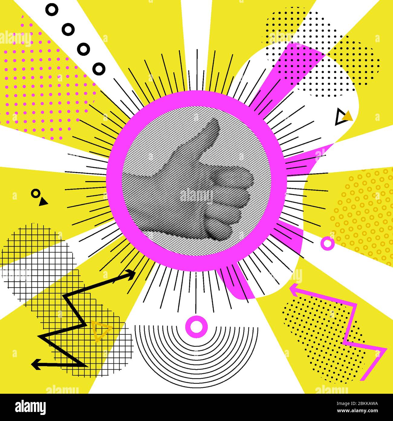 Thumbs up gesture. Hand Gesture OK on sunny rays, memphis background ...