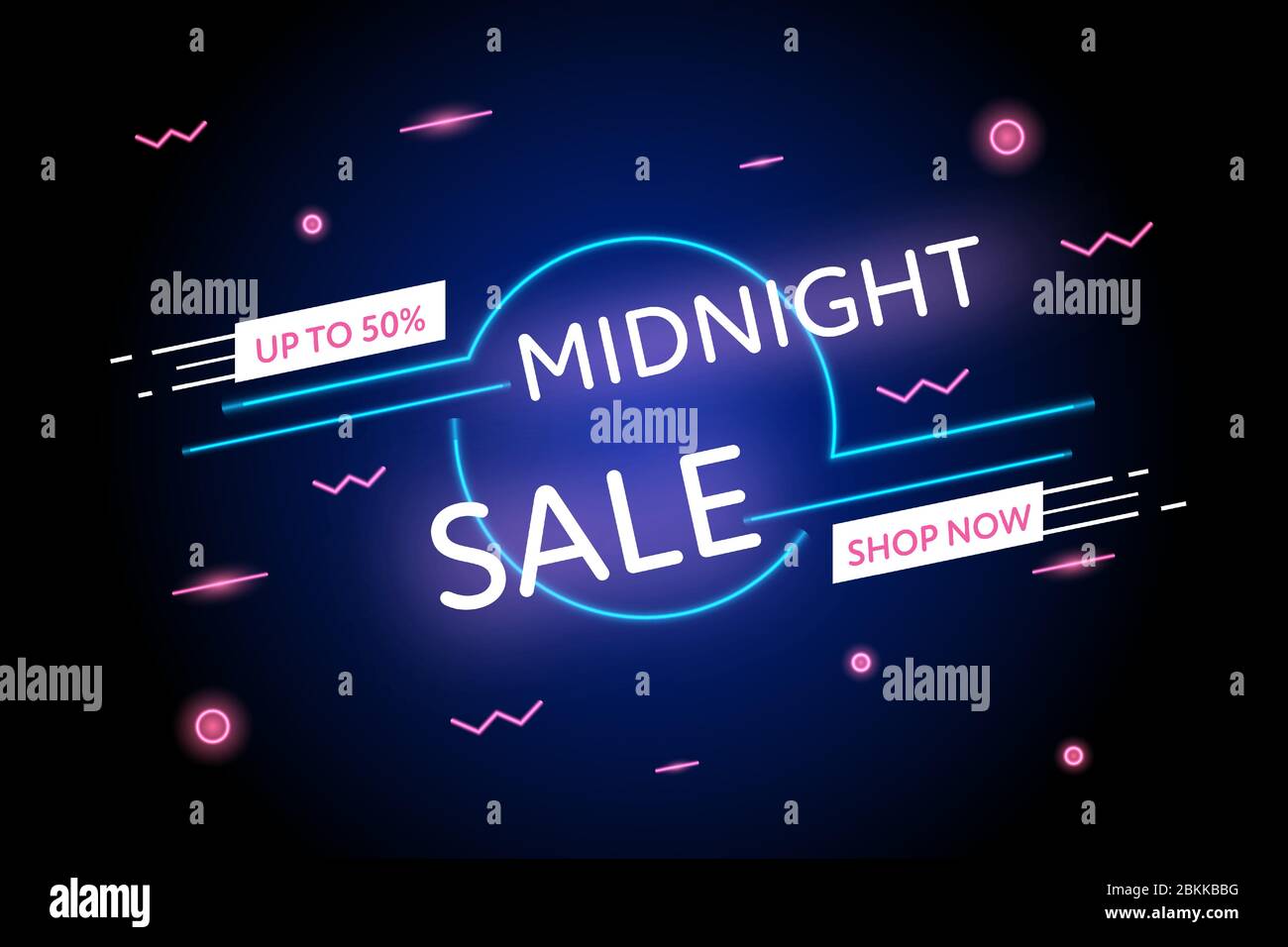 Midnight sale up to 50% promotion glowing light blue and pink banner in ...