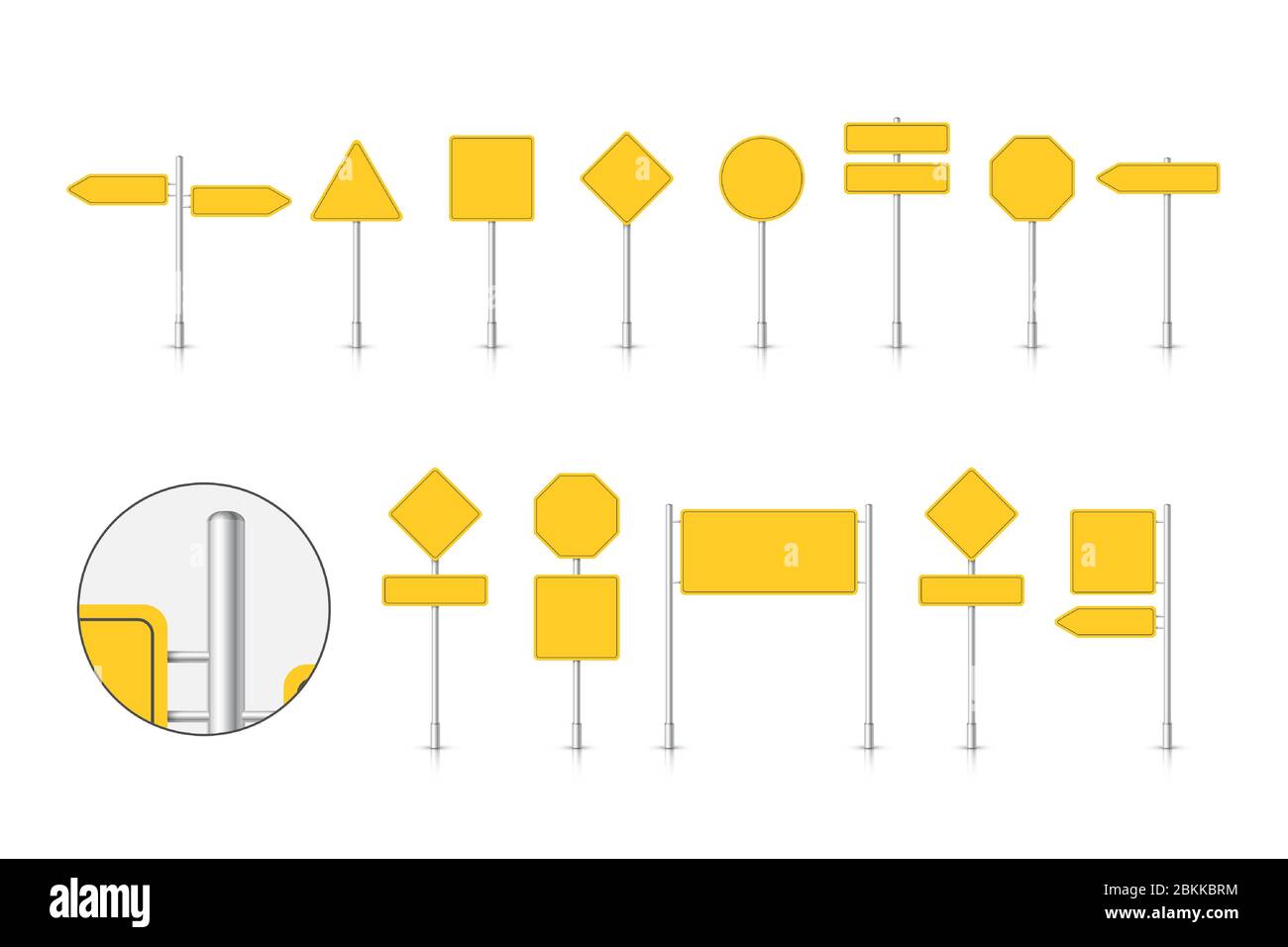 Mockup yellow traffic sign isolated on white background. Set of road ...