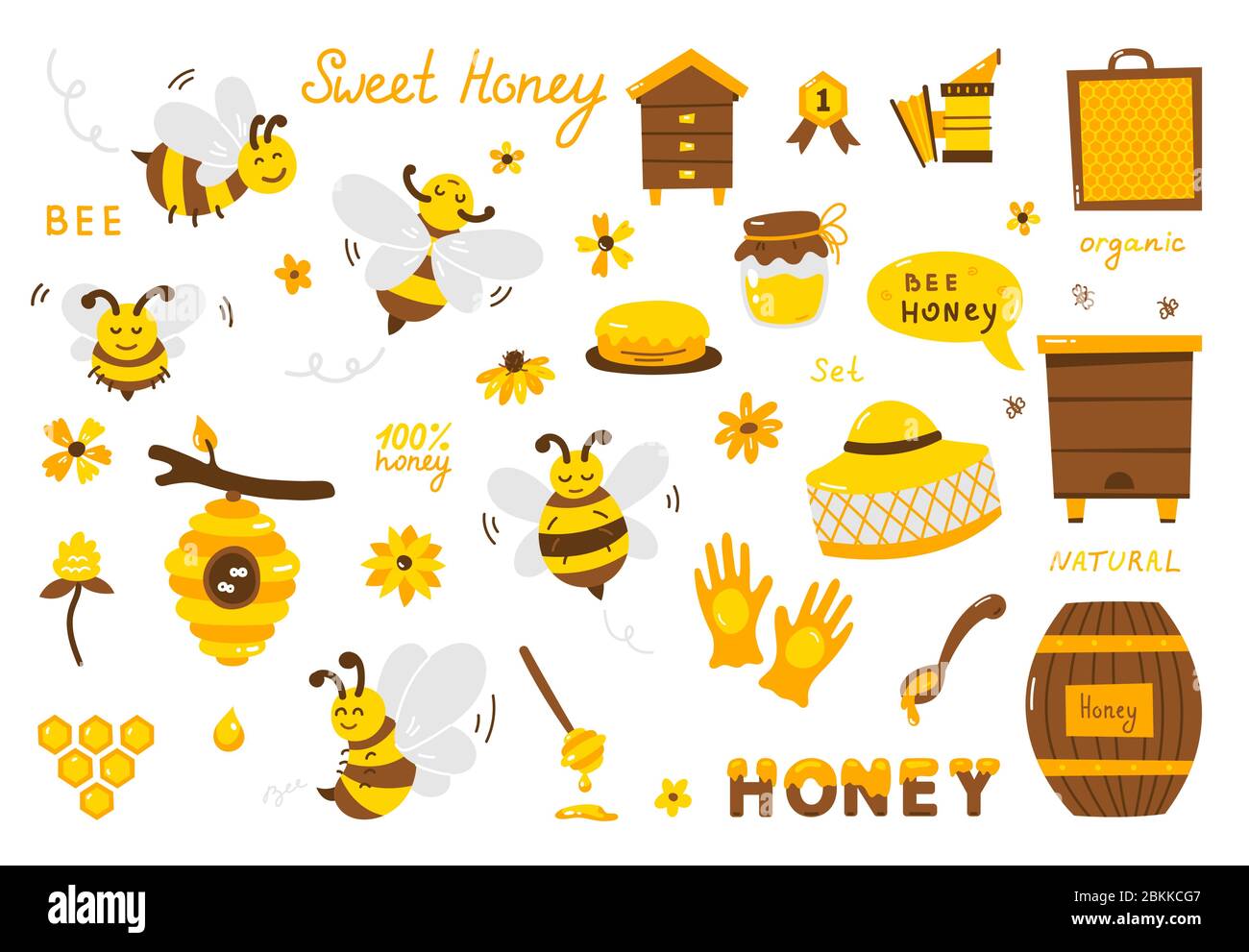 Set of bee, honey, lettering and other beekeeping illustration. Vector ...
