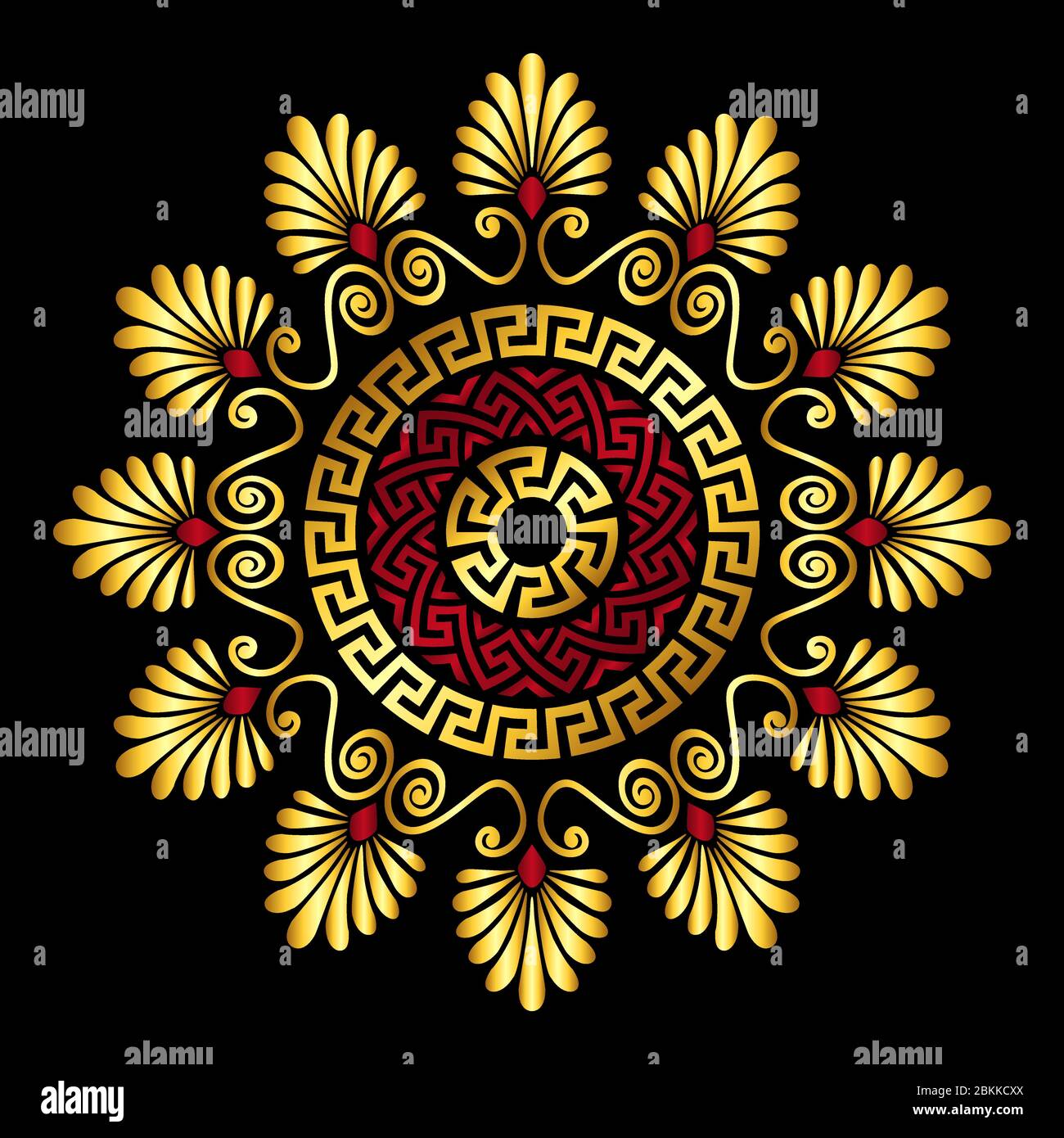 Traditional vintage gold and red circle Greek ornament and floral ...