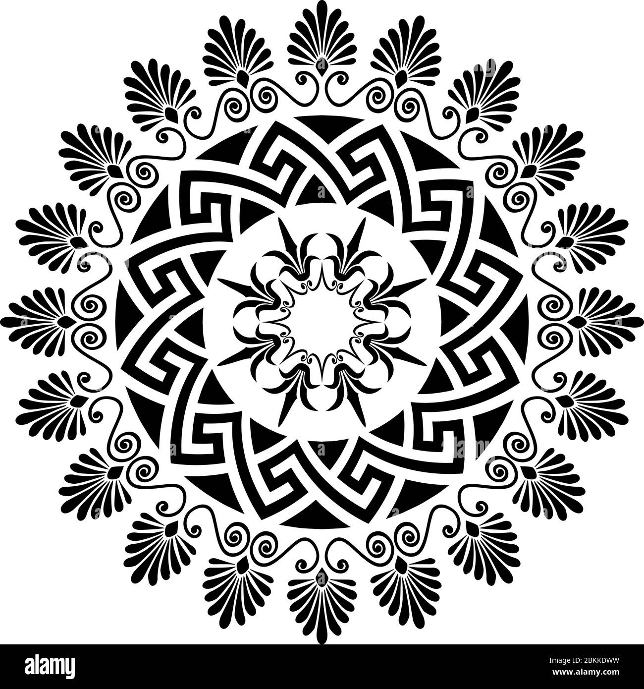 Traditional vintage black and white circle Greek ornament and floral ...