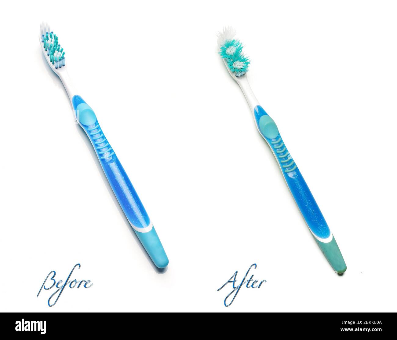 Old and used toothbrush comparison side by side with text before and ...