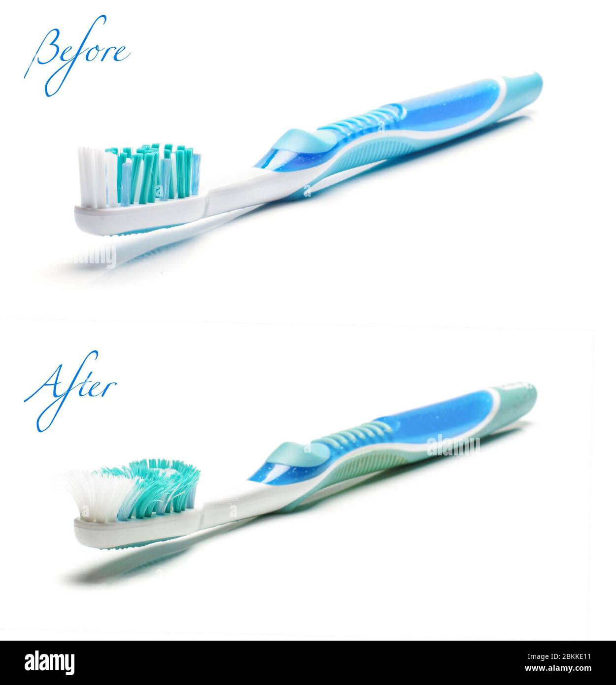 Old and used toothbrush comparison side by side with text before and ...