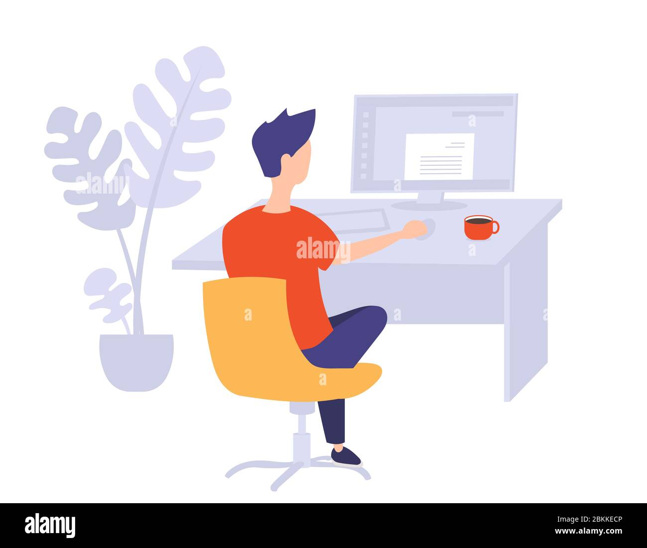 Young man working on computer in the office. Vector illustration Stock ...