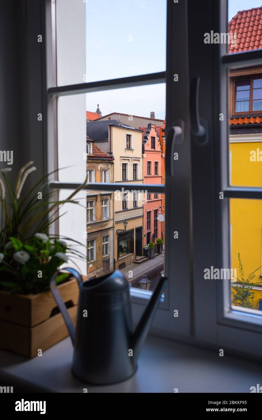 view from the window of the street old Polish town of Torun Stock Photo ...