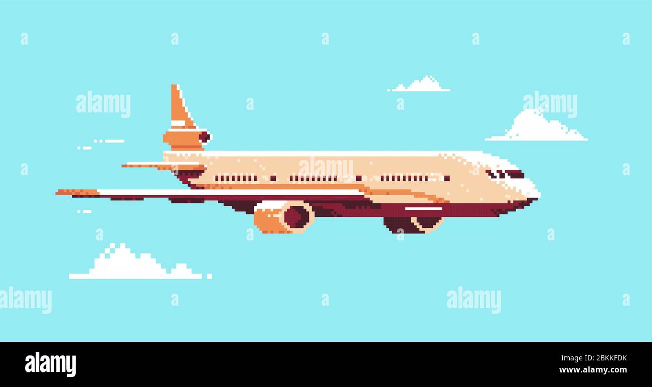 pixel art plane aircraft flying in sky air passenger transport airline ...