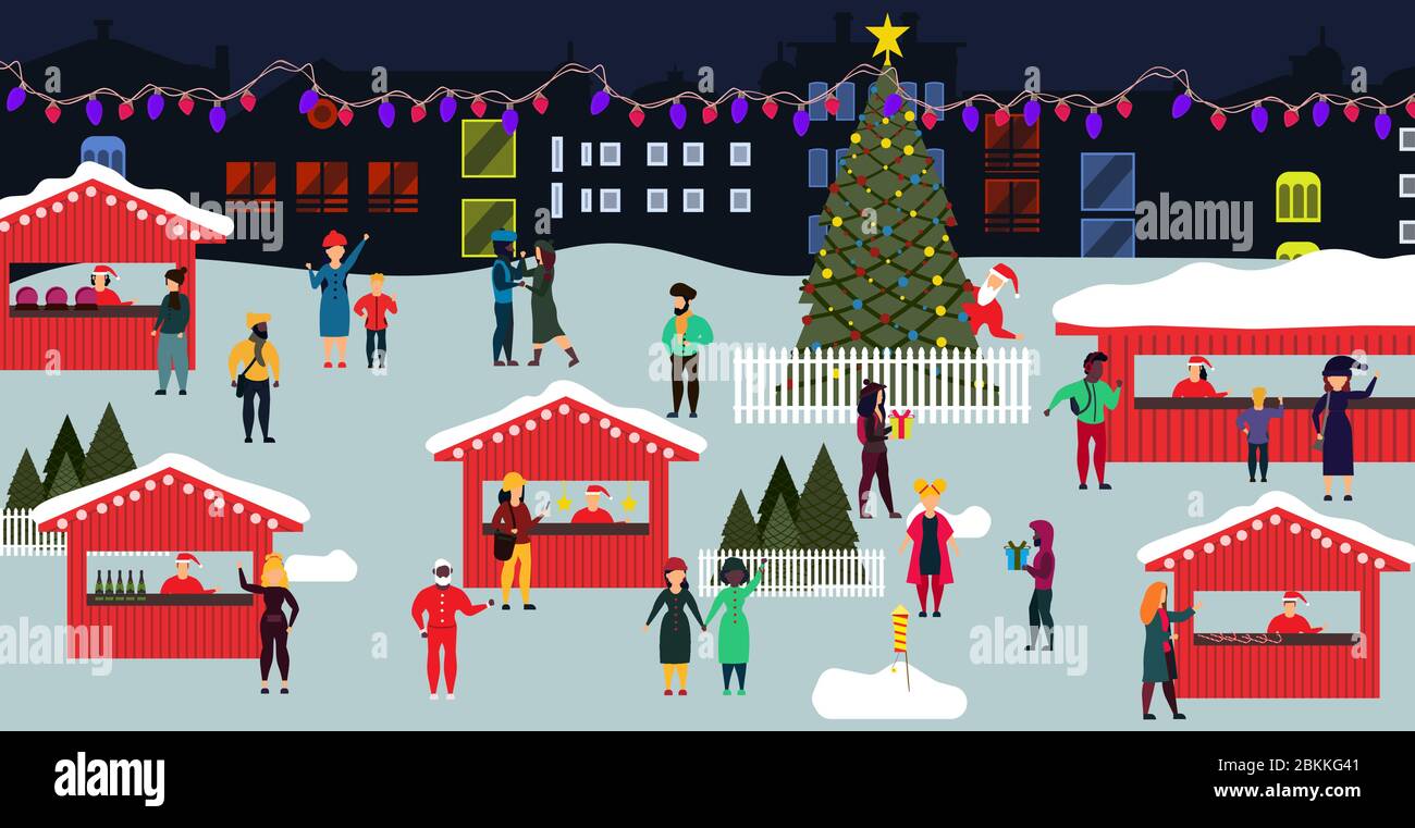 Christmas market vector people winter holiday xmas flat illustration ...