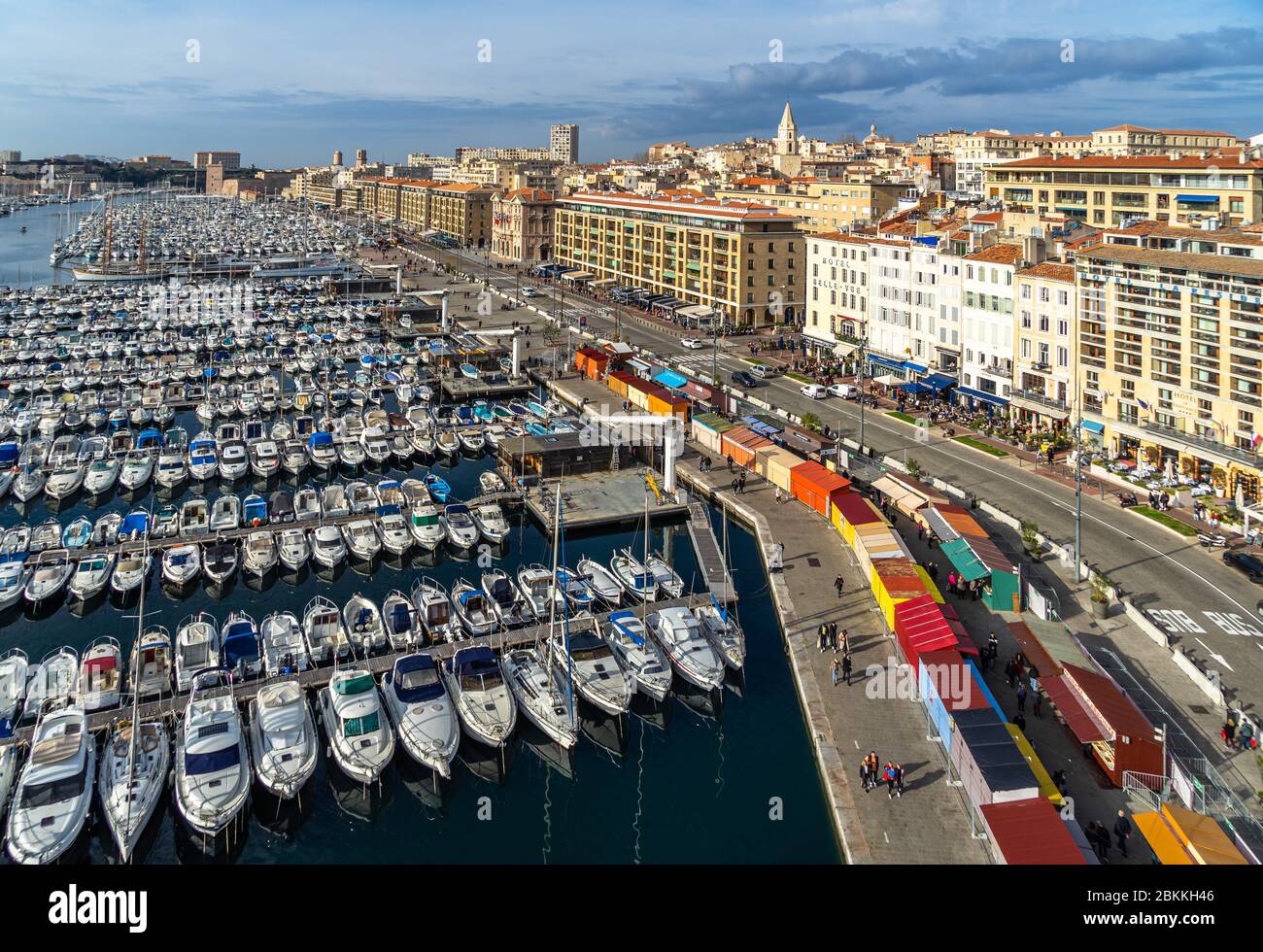 Scenic aerial view of the Vieux Port de Marseilles (old port) and Le ...