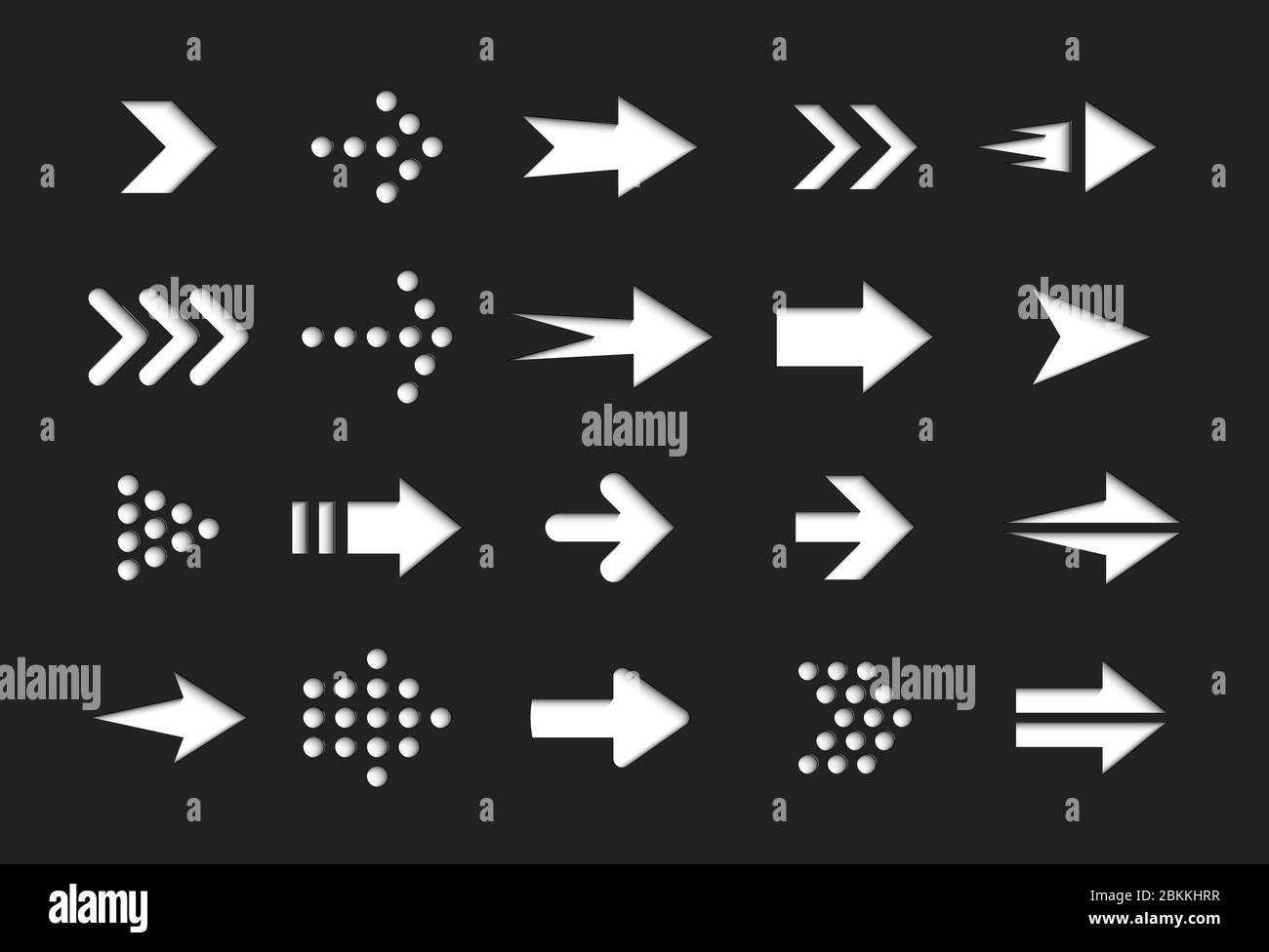 White arrows on black background, vector icons set, interface isolated ...