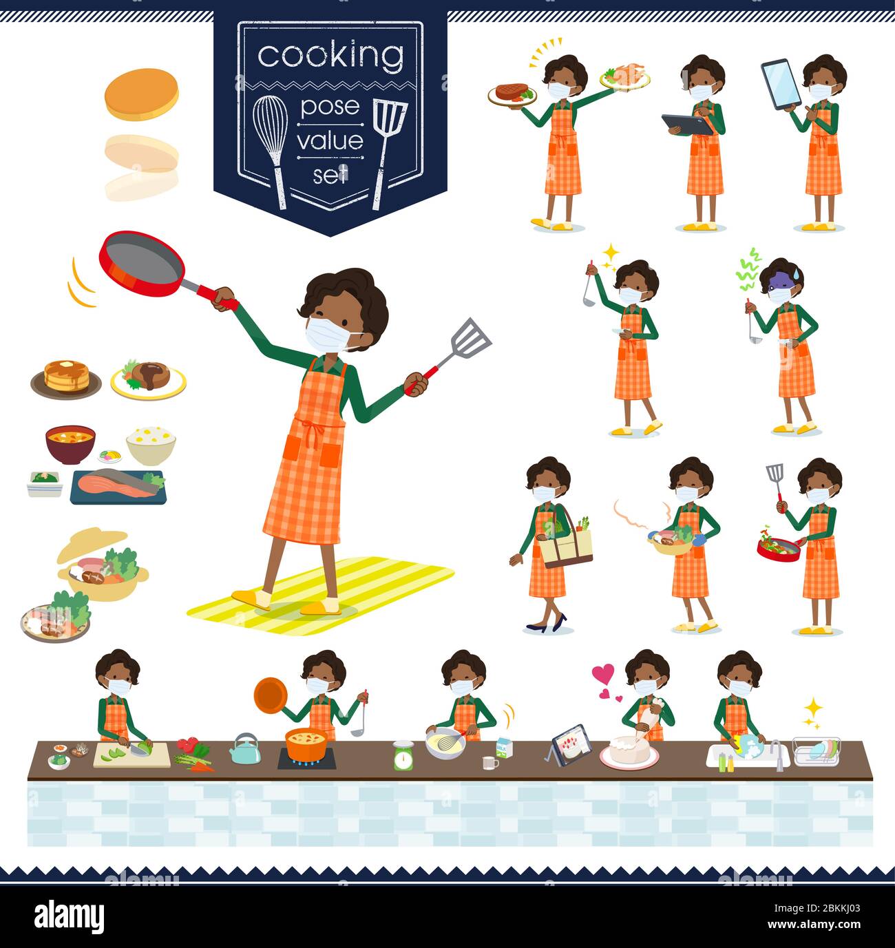 A set of women wearing mask about cooking.There are actions that are ...