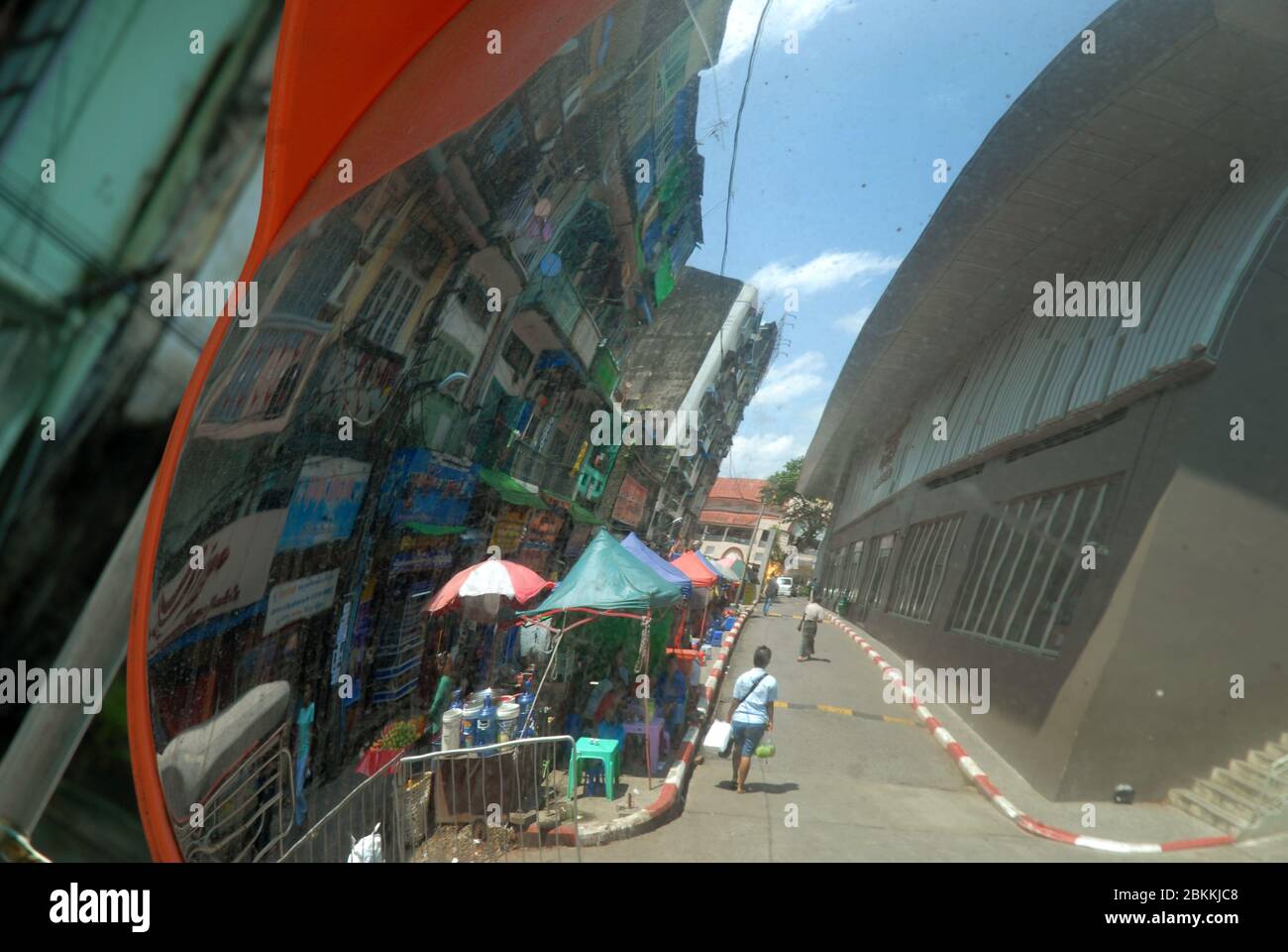Reflection of market in a mirror, Yangon, Myanmar, Asia Stock Photo - Alamy