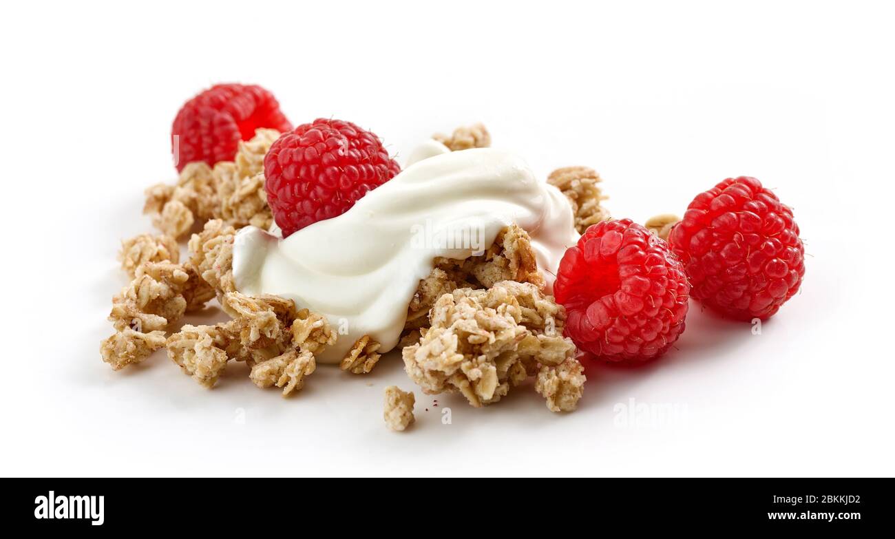 muesli with raspberries an yogurt isolated on white background Stock ...
