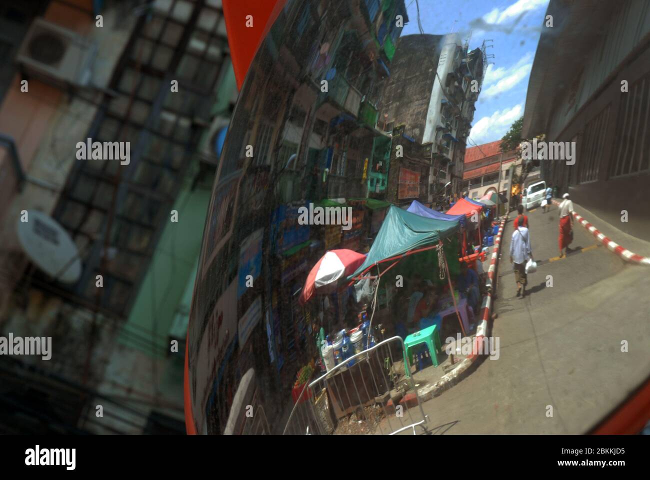 Reflection of market in a mirror, Yangon, Myanmar, Asia Stock Photo - Alamy
