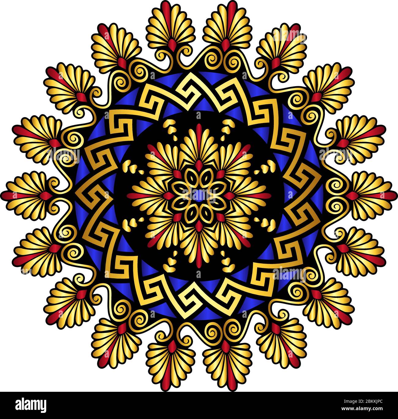 Traditional vintage gold and red circle Greek ornament and floral ...