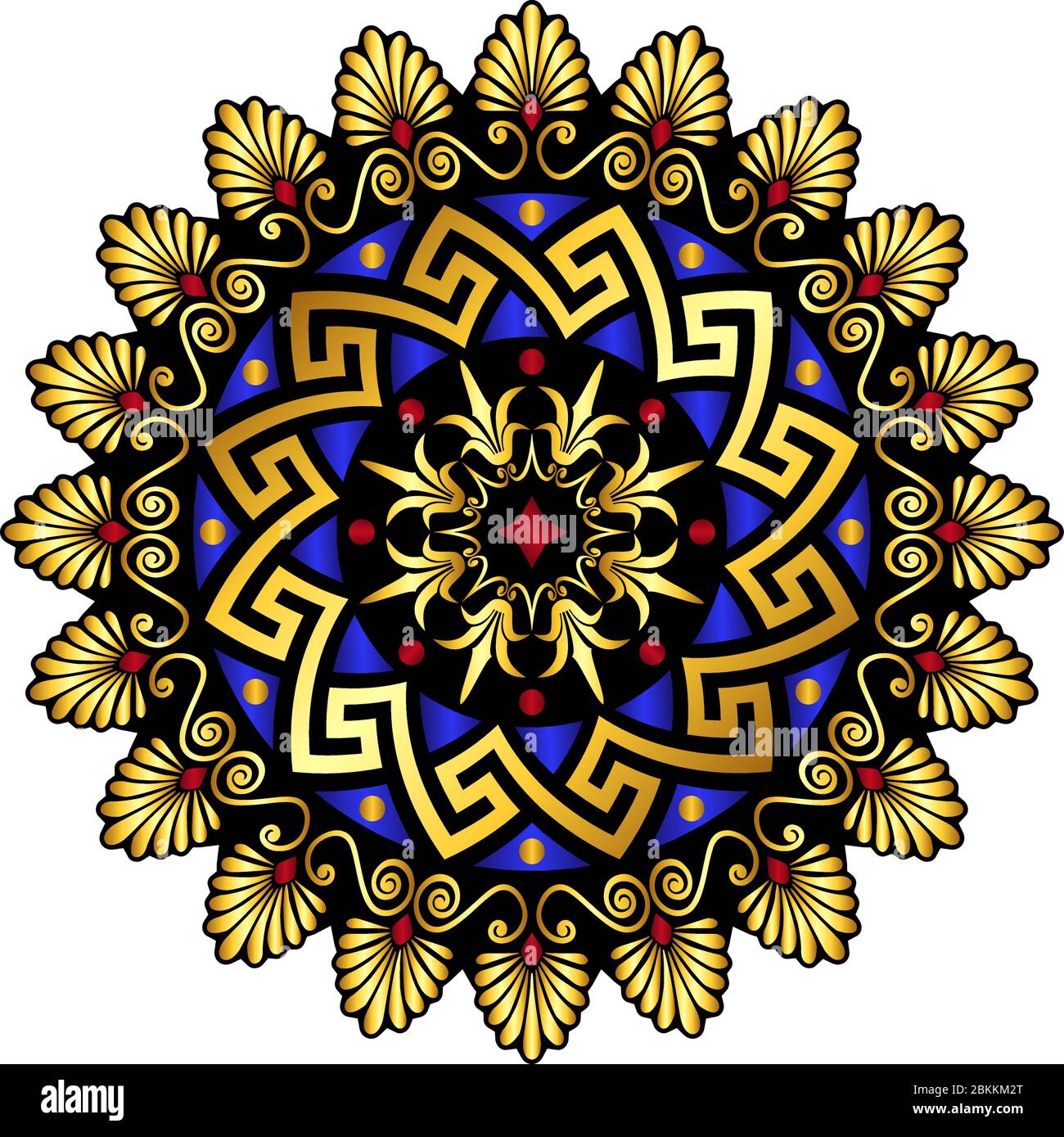 Traditional vintage gold and red circle Greek ornament and floral ...