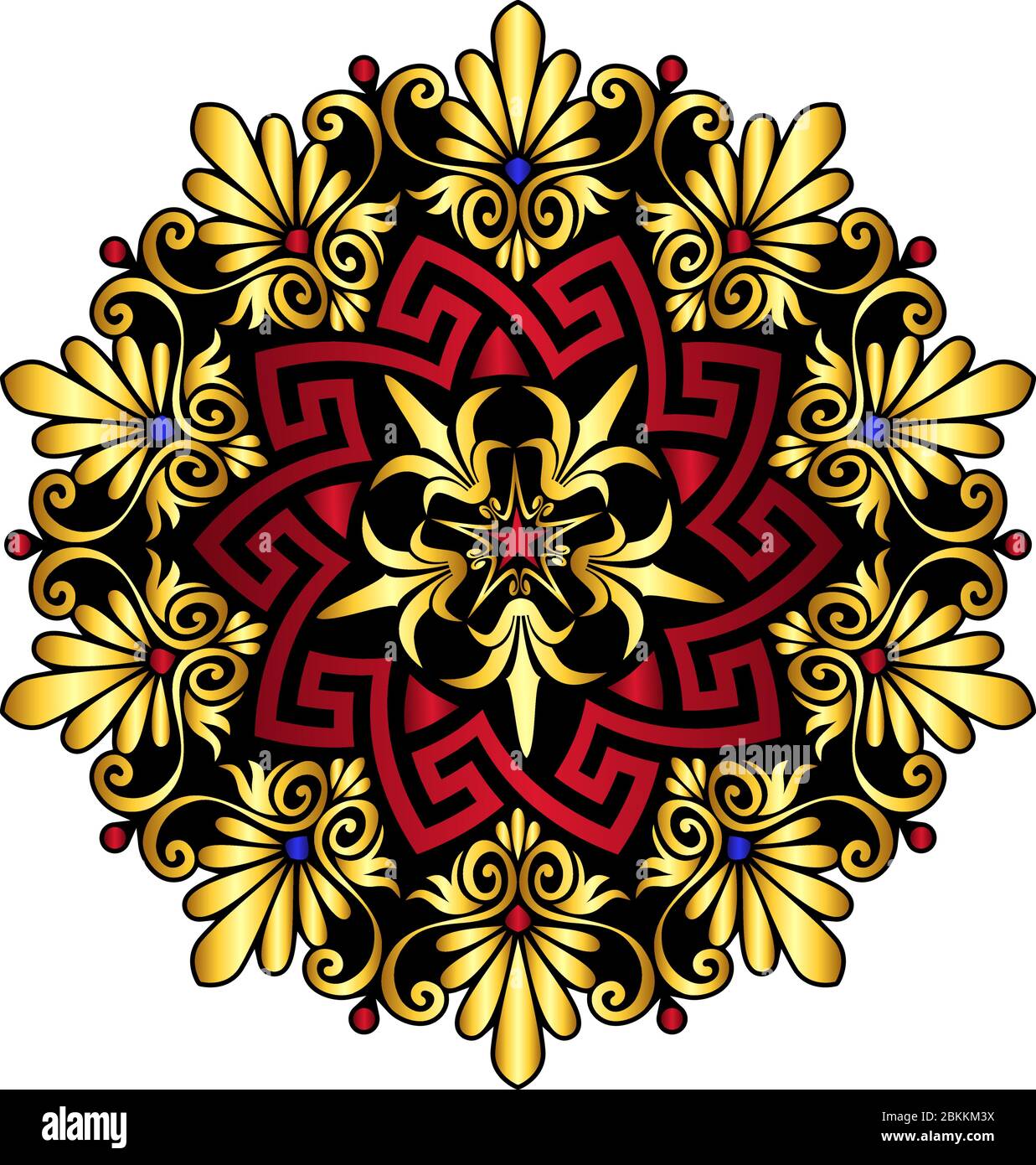Traditional vintage gold and red circle Greek ornament and floral ...