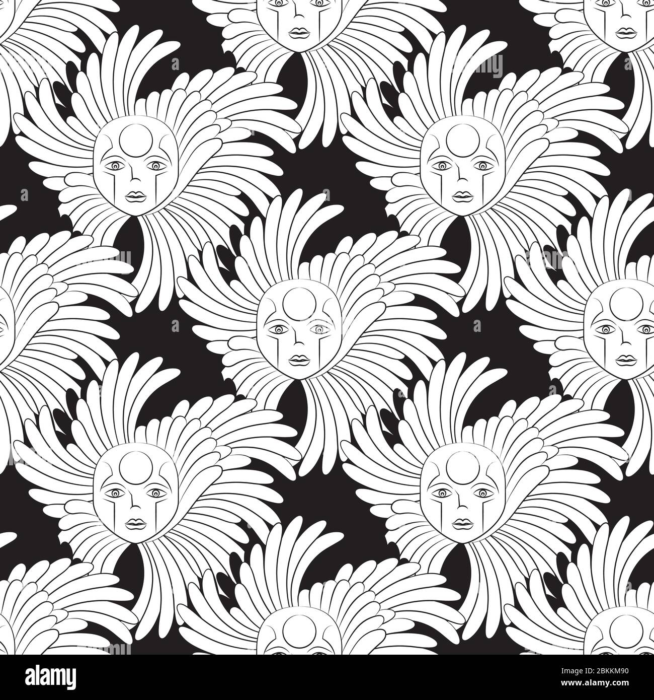 Seamless pattern of face and plant leaves on a black background. Vector ...