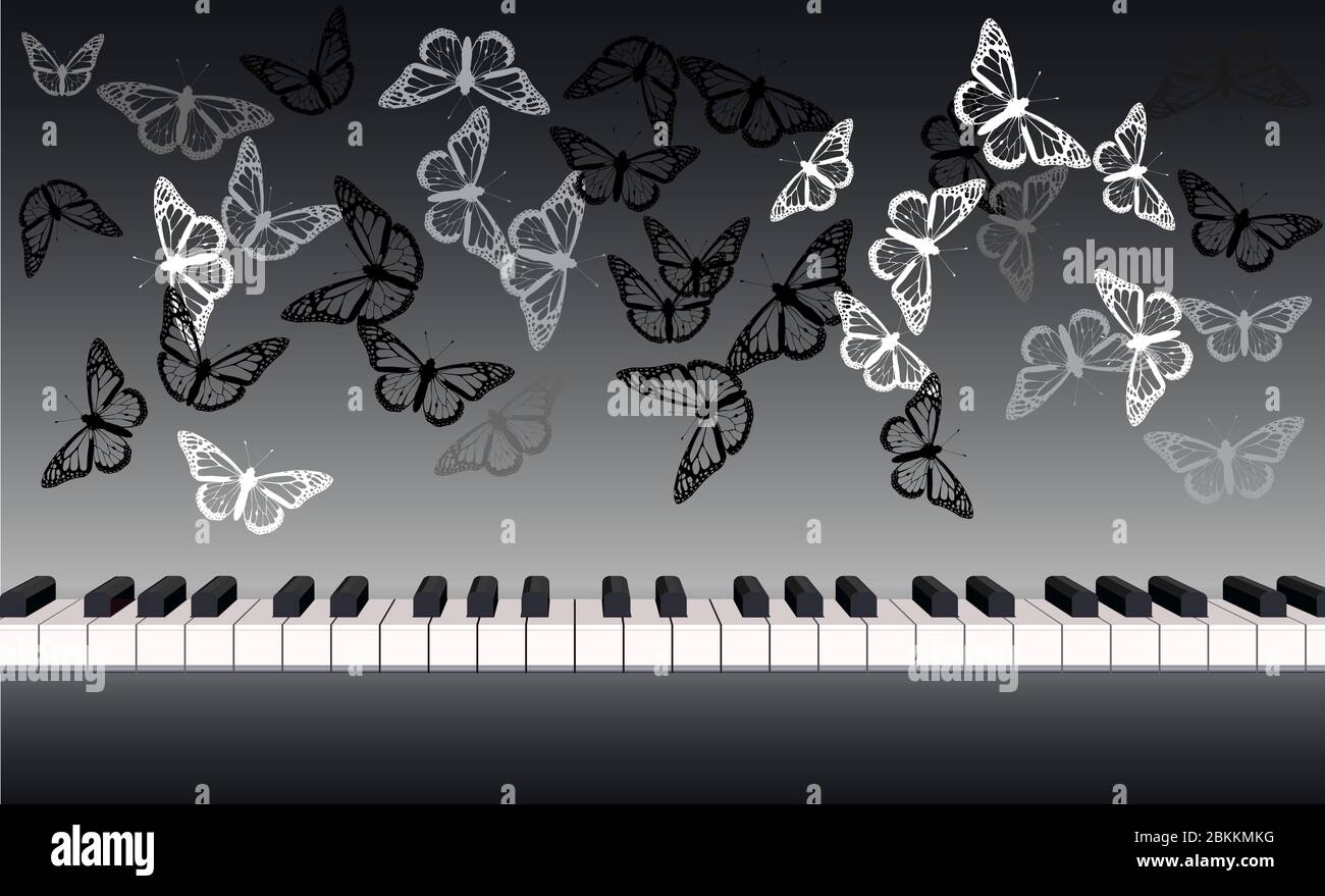 Piano keyboard banner panoramic front view with butterflies Stock ...