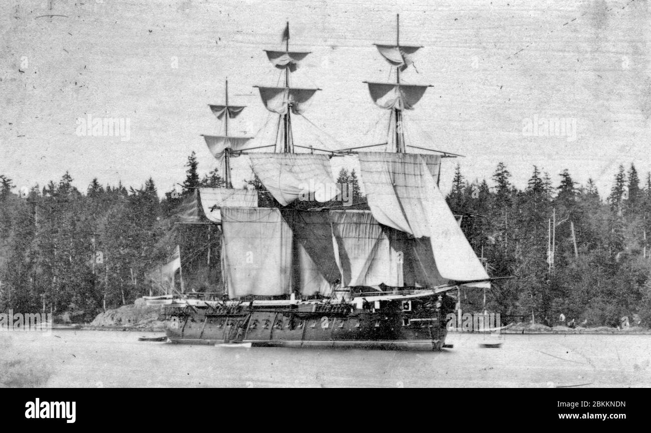 HMS Zealous with sails set, appears to be at Esquimalt, British ...