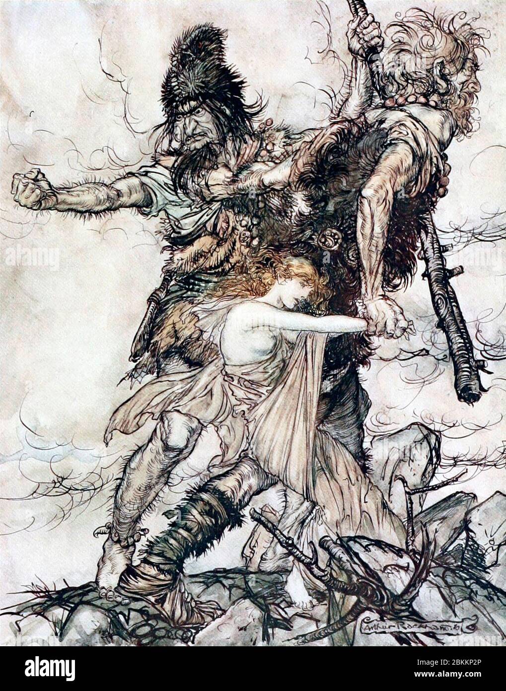 Fasolt suddenly seizes Freia and drags her to one side with Fafner ...