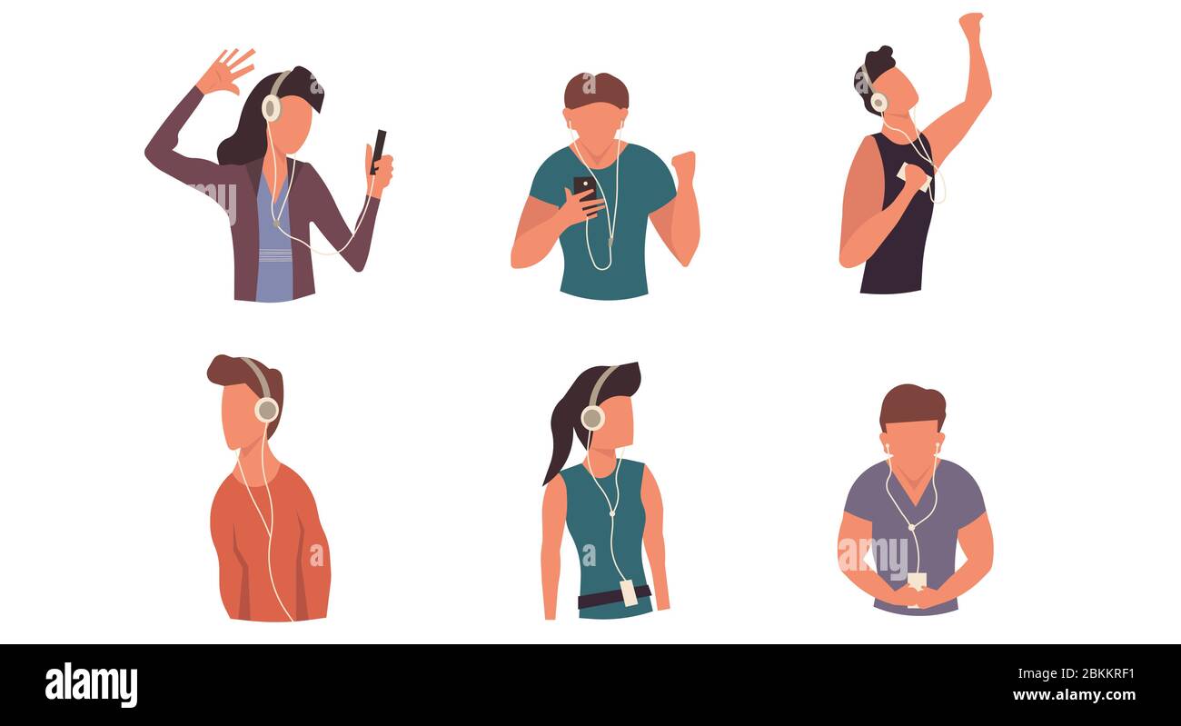 People listen music in earphone and headphone with phone cartoon vector ...